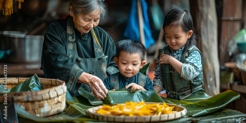 Traditional Chinese family making zongzi for Dragon Boat Festival, with ...
