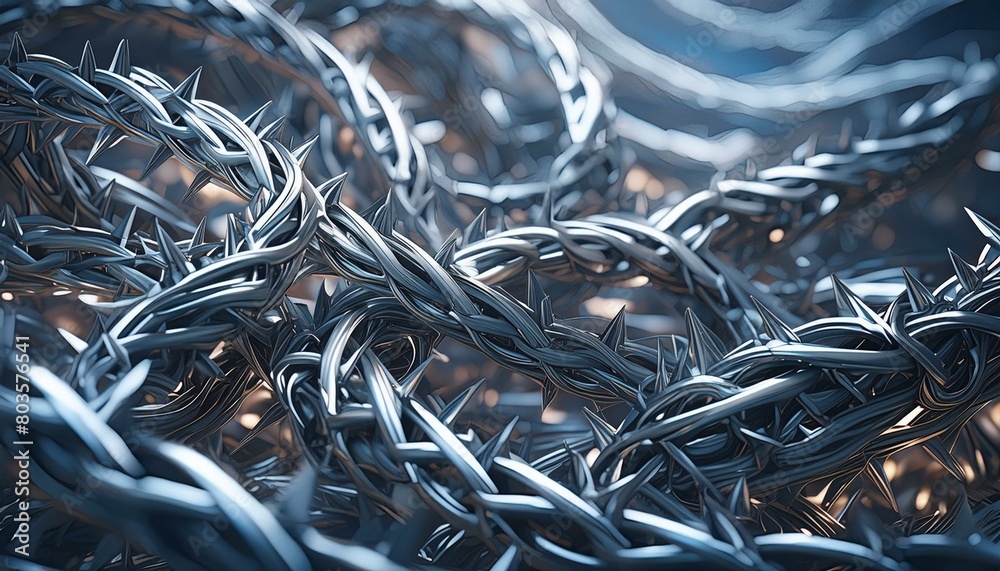 A maze of razor wire in a tangled layout, with a focus on the metallic ...