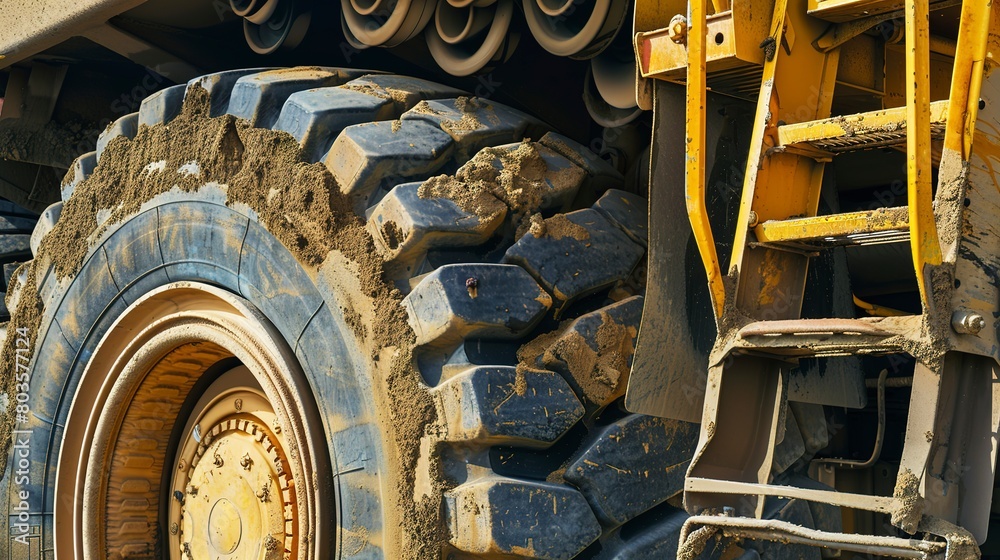Maintenance on a mining truck's massive tire, close-up, detailed tread ...