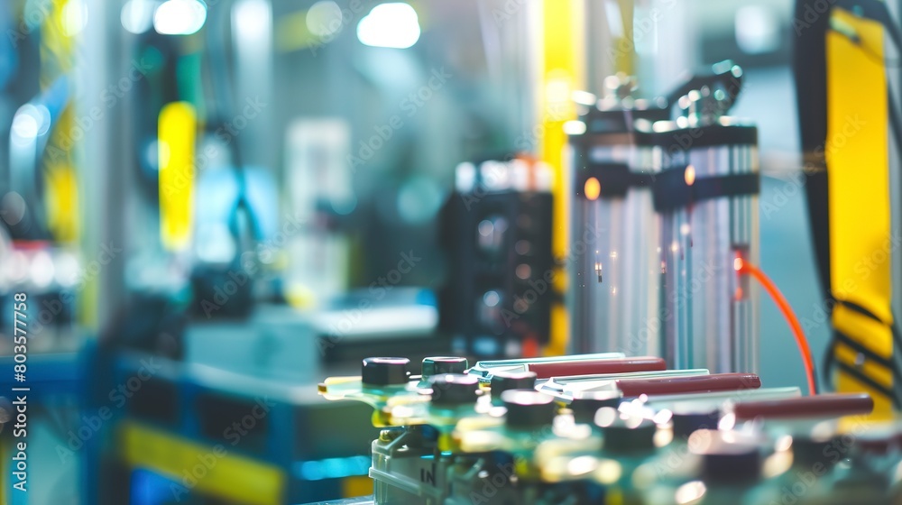 Battery testing in a tech factory, close-up, detailed measurement ...