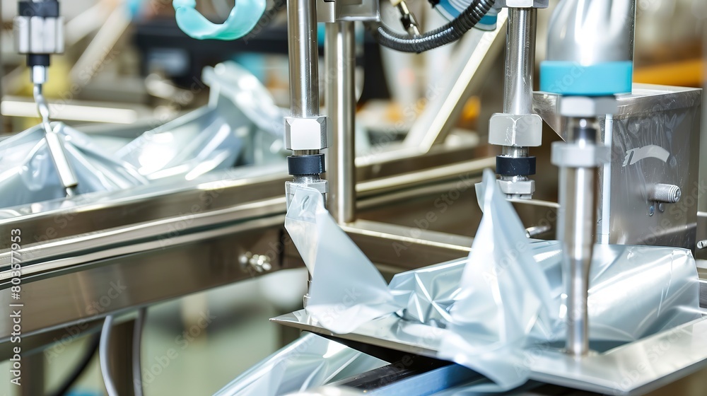 Automated packaging line for chemical powders, close-up, detailed bag ...