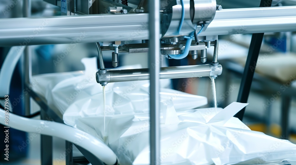 Automated packaging line for chemical powders, close-up, detailed bag ...