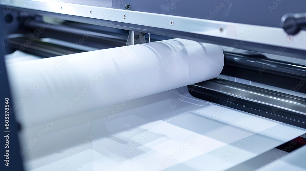 Cutting machine slicing large paper rolls, close-up, detailed blade and ...
