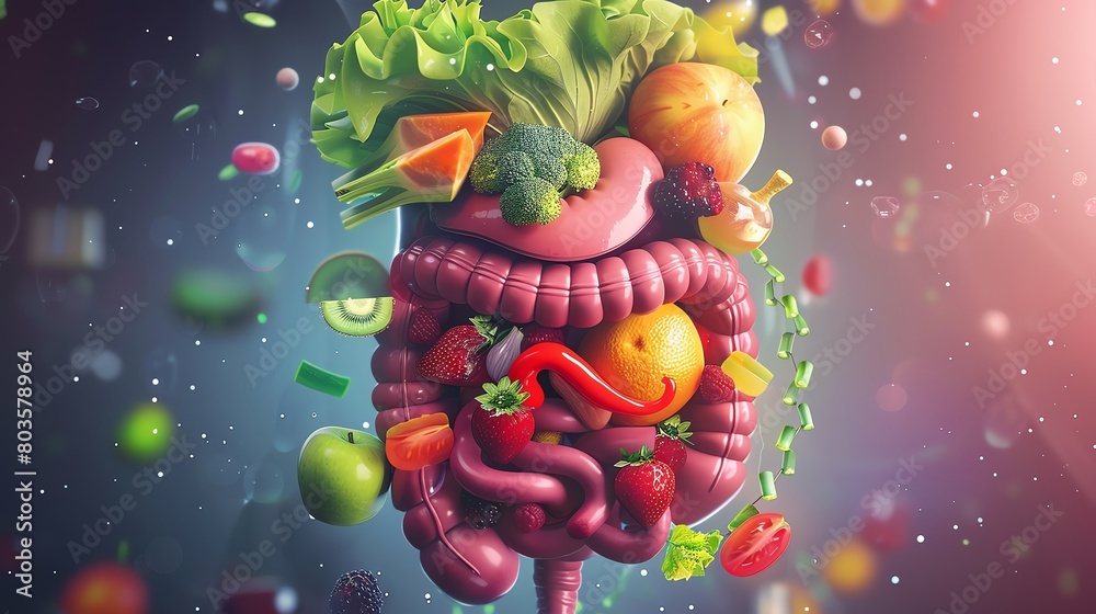 A 3D human digestive system shown in a clear, happy body, with foods ...