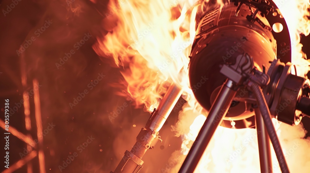 Rocket engine test stand, close-up, detailed flame and exhaust during a ...