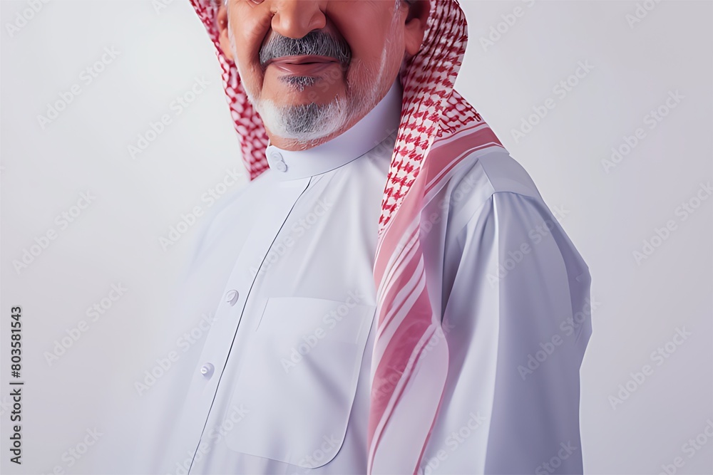 Saudi Gulf Arab man wearing a shemagh and white traditional dress is ...