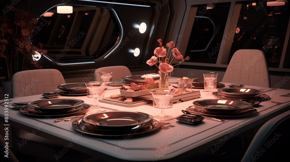 Capture a Frontal view of Intimate Dinners set in a futuristic ambiance ... Capture a Frontal view of Intimate Dinners set in a futuristic ambiance ...