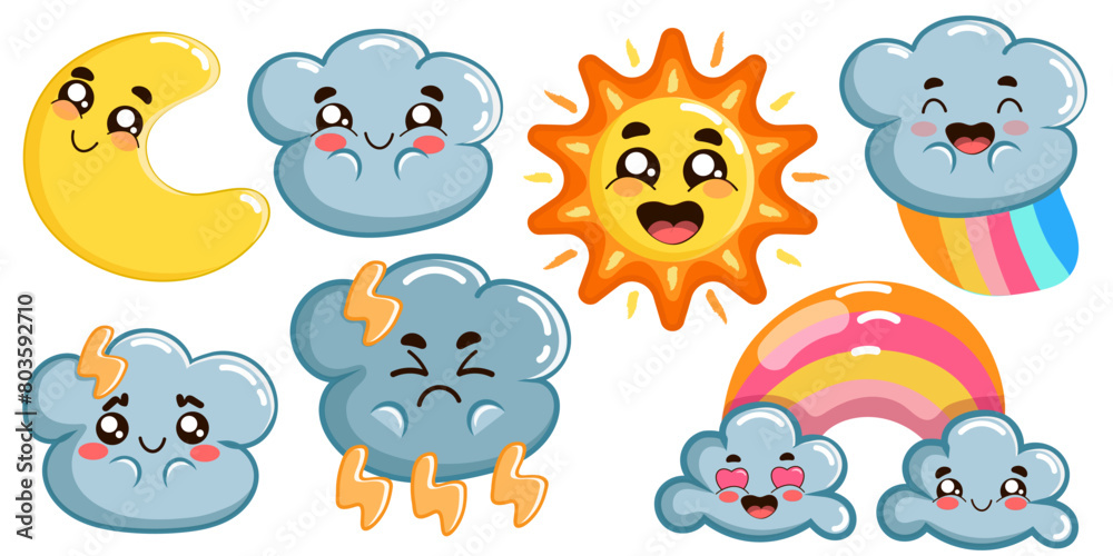 Set of cute weather icons with different emotions expression. Hand ...