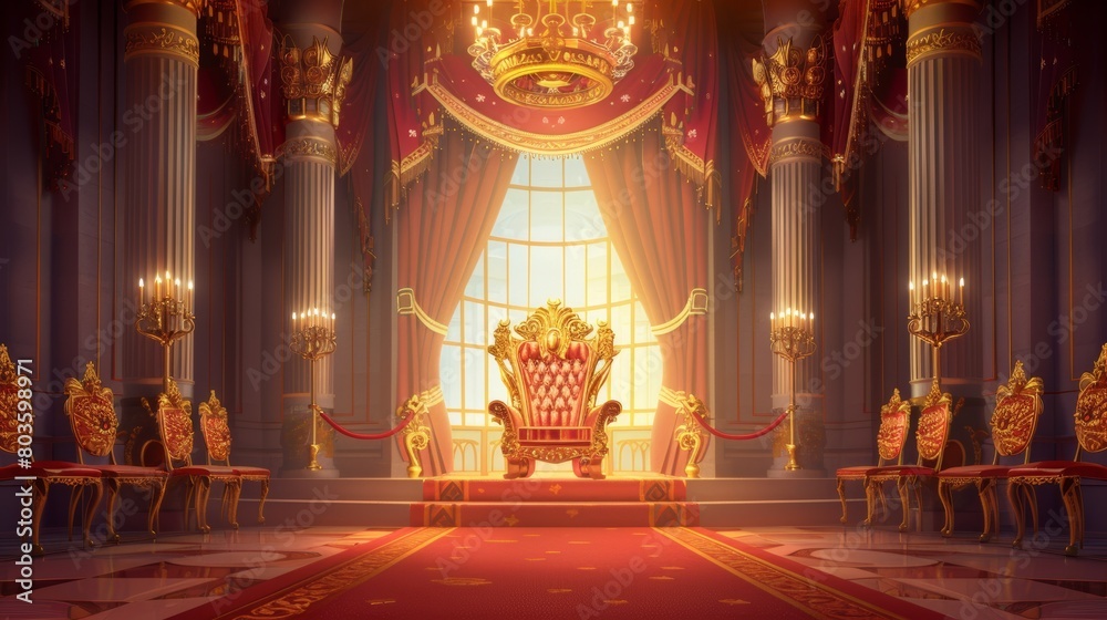 Throne of golden throne sat on pedestal with golden crown in the hall ...