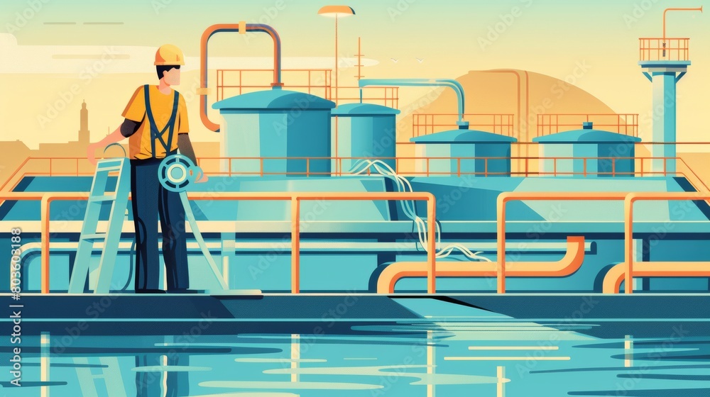 service engineer checking on waste water treatment plant with pump on ...