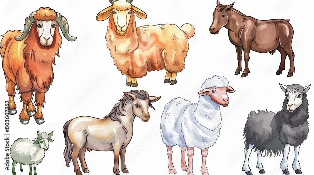 Set of watercolor cartoon farm animals - fluffy alpaca, goat, horse ...