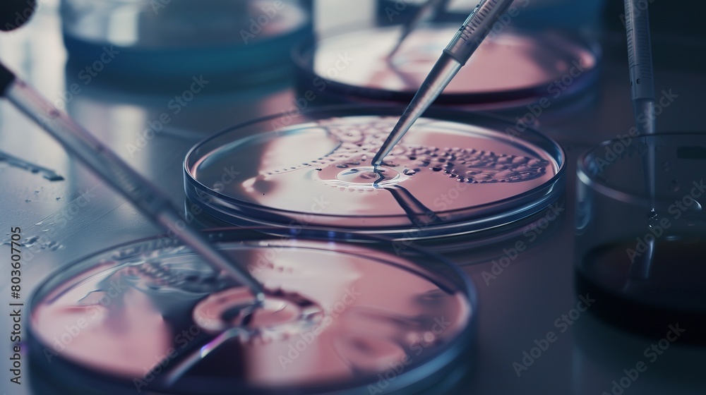 Culturing cells in a biotech lab, close-up, detailed pipetting of ...