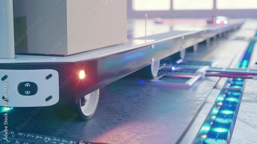 Automated guided vehicle (AGV) transporting goods, close-up, detailed navigation sensors Stock ...
