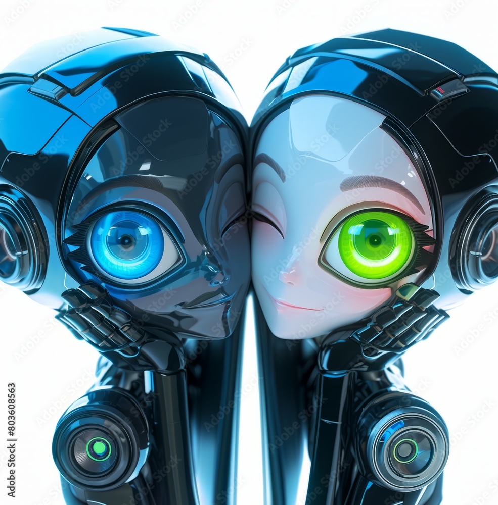 3d illustration of a happy robot couple, smiling at each other, white ...