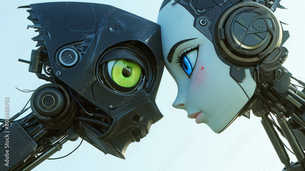 3d illustration of a happy robot couple, smiling at each other, white ...