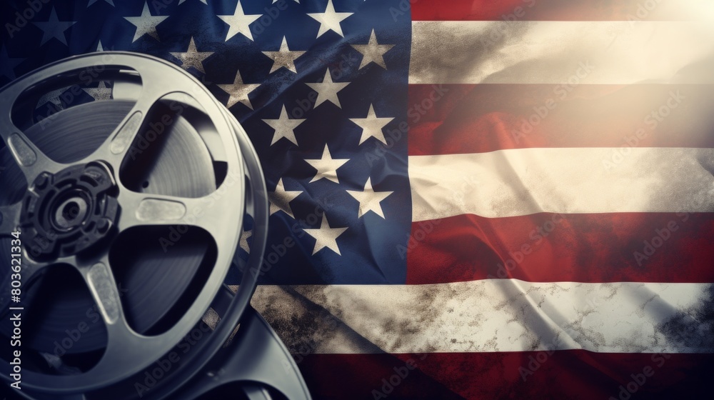 USA flag background with a vintage film reel effect, celebrating ...