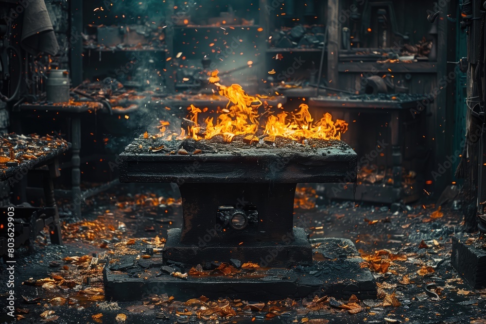 incense burner on fire in front of many old tables with black stone ...