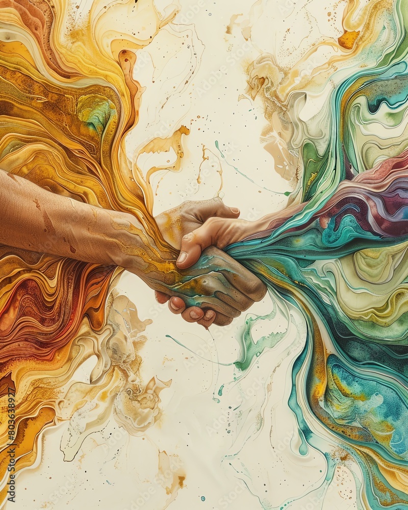 An abstract painting of two people shaking hands. The colors are ...