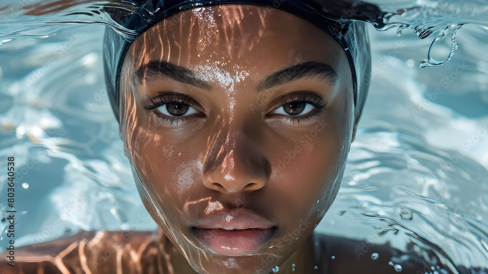 Streamlined Aquatic Style: Swim Cap on Black Swimmer, Hydrodynamic ...