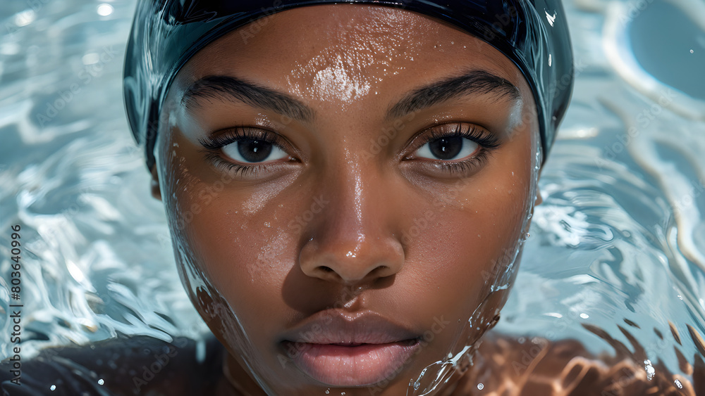 Streamlined Aquatic Style: Swim Cap on Black Swimmer, Hydrodynamic ...
