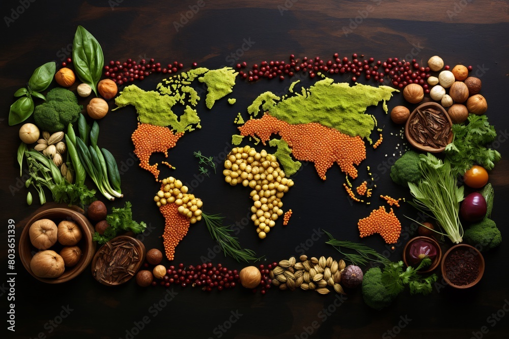 Diverse range of global cuisines. Top view of world map made of food ...
