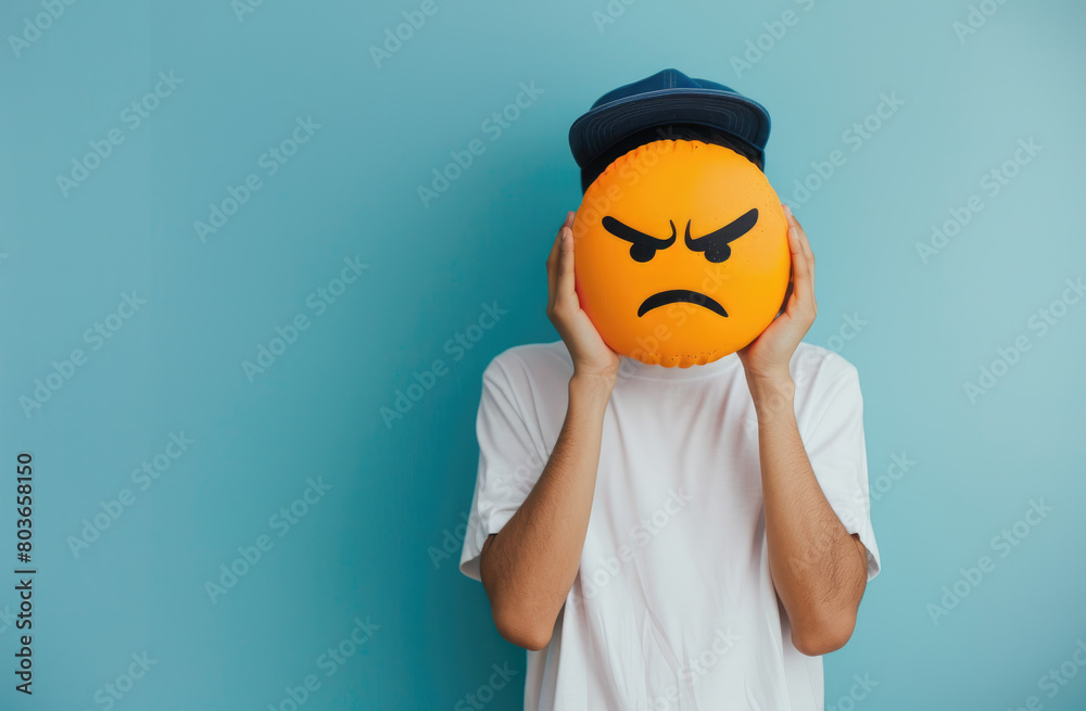 A man holding an emoji with a sad face on it, wearing a white t-shirt ...
