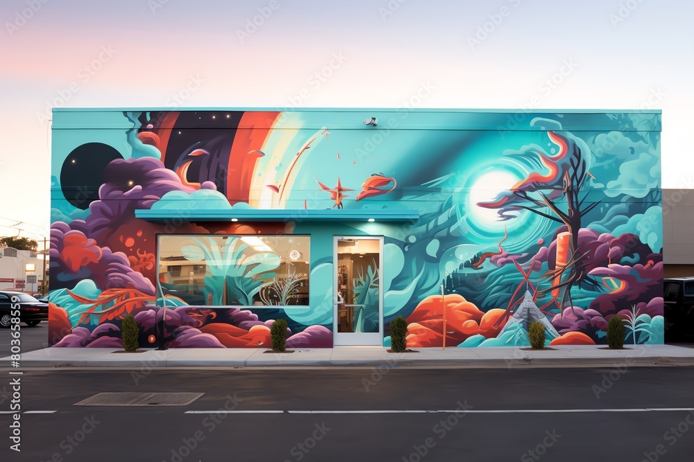 Capture a utopian dreamscape with a vibrant street art mural ...