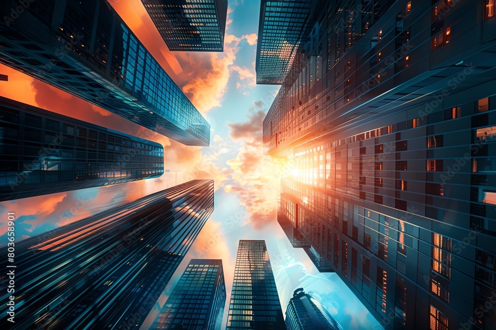 Capture an intricate cityscape from a worms-eye view, showcasing ...