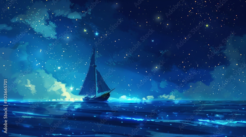 Anime landscape background with stars in the night sky, cartoon ship ...