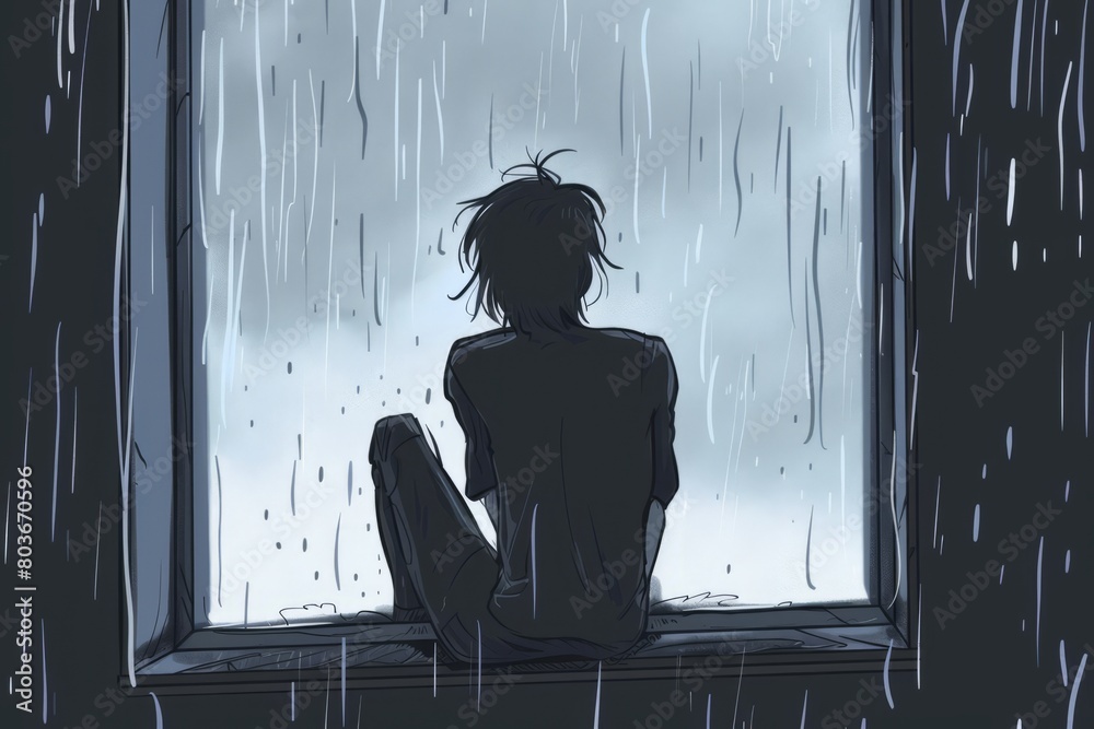 ภาพประกอบสต็อก Cartoon cute doodles of an emo person sitting on a ...