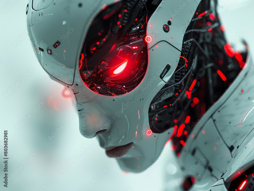 Capture a haunting close-up of futuristic technology, blending horror ...