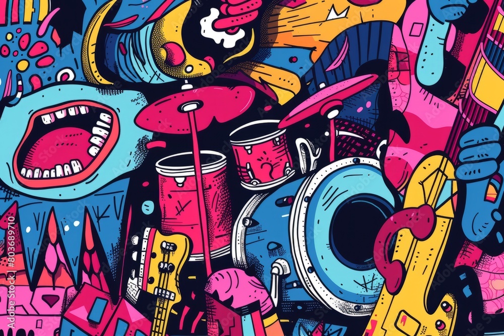 Cartoon cute doodles of a pop-punk concert poster featuring vibrant ...