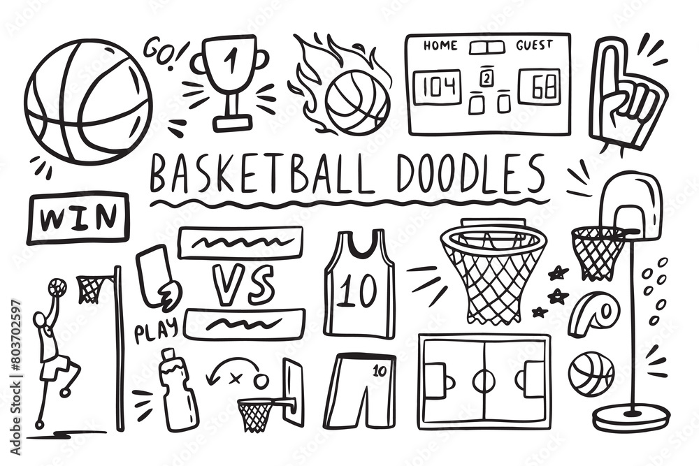 Basketball doodle elements set. basket sport ball, winner cup. Hand ...