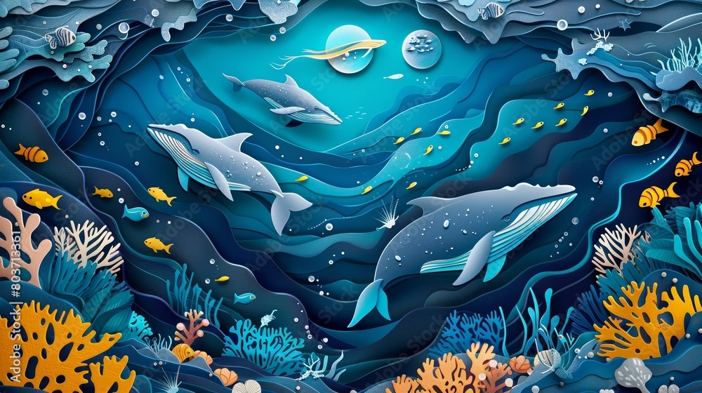 Digital art of an intricate paper cut ocean scene, featuring majestic ...