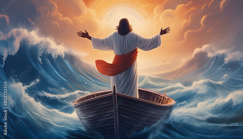 Jesus Christ calming the storm, standing at the bow of a boat with ...