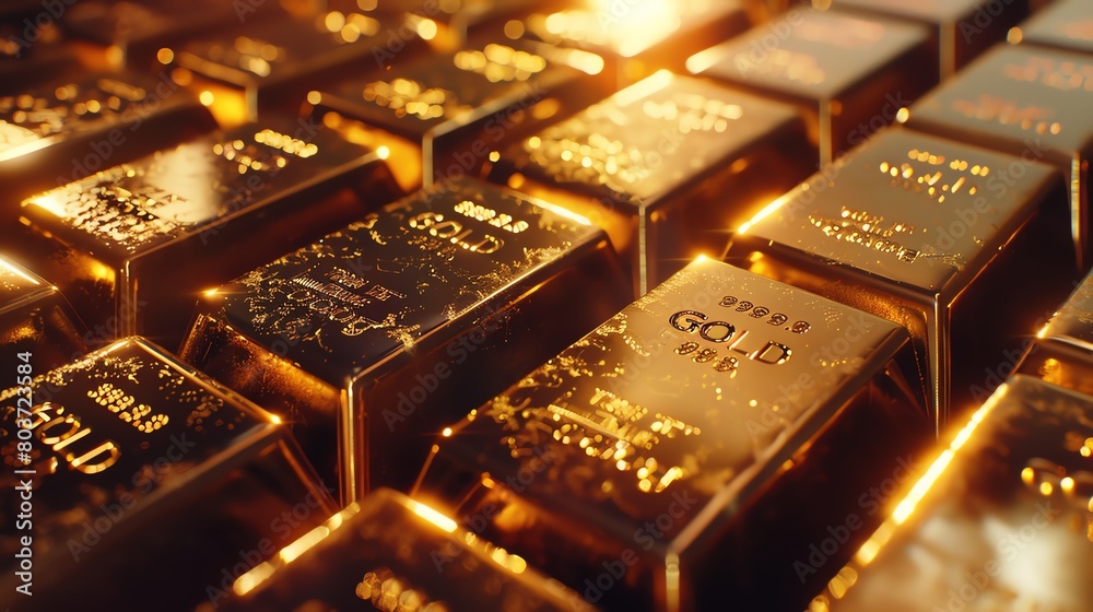 Gold bars with engraved symbols, ambient lighting, oblique angle ...