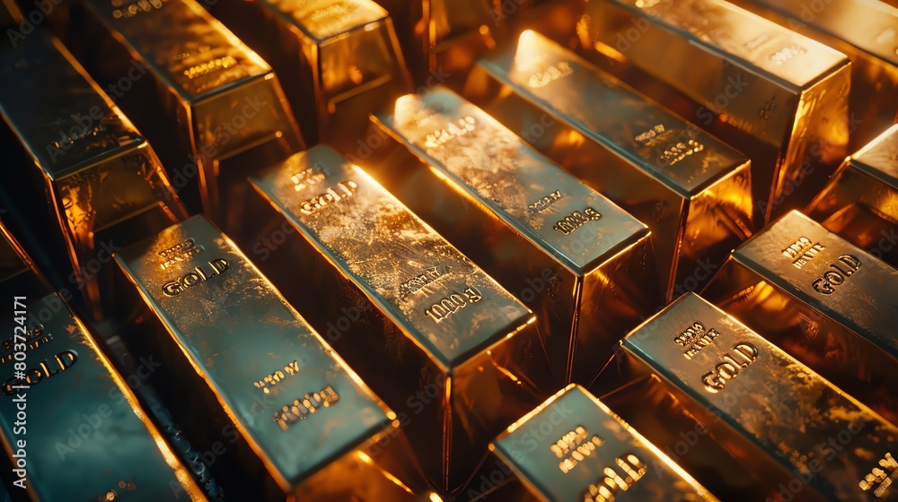 Stack of gold bars, cool light, reflective surface, topdown view Stock ...