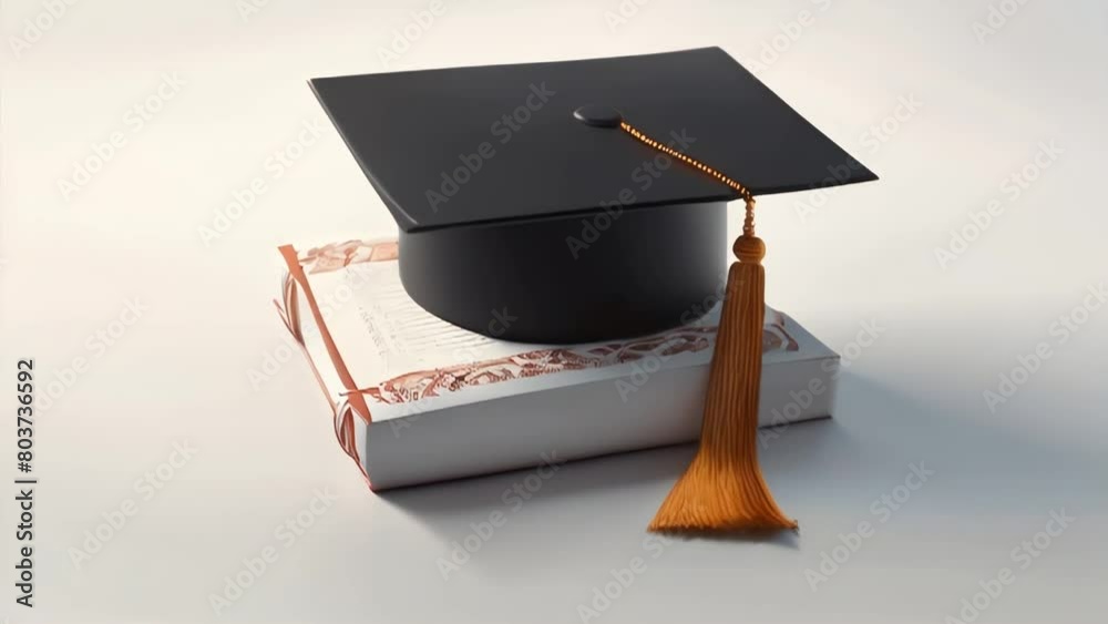 An academic graduation cap atop a decorated hardcover book symbolizes ...