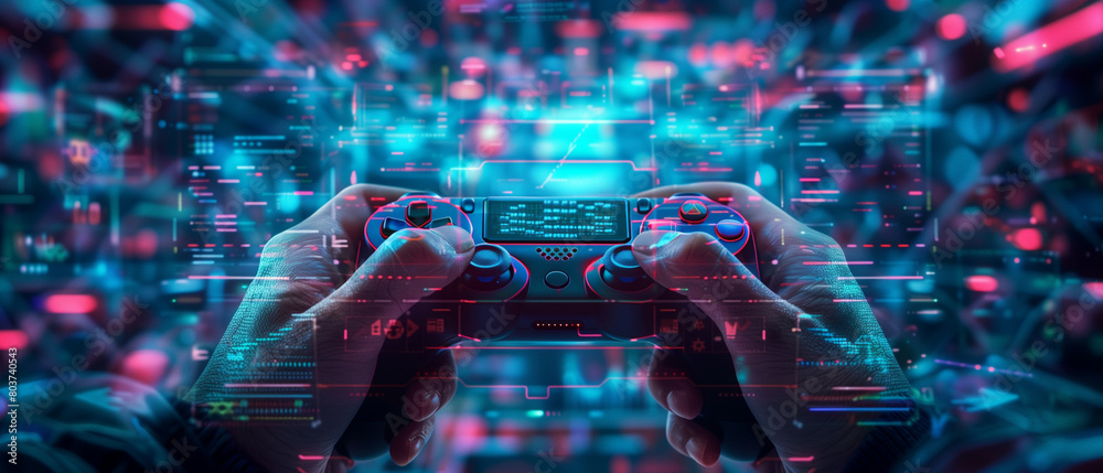 Hand holding game controller with digital screen showing gaming ...