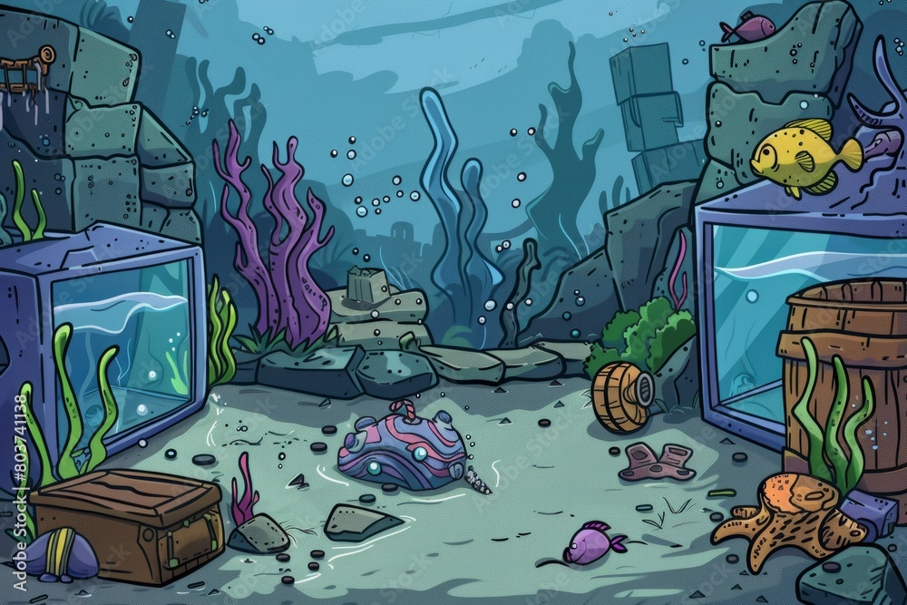 Cartoon cute doodles of an abandoned aquarium, with empty tanks and ...