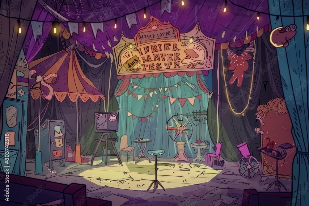 Cartoon cute doodles of an abandoned circus, with faded posters and ...