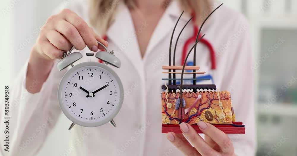 Skin circadian rhythm and doctor holding skin model and alarm clock ...
