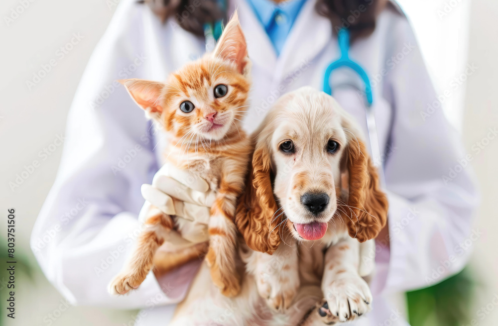 The smiling female doctor holds the cute dog and cat in her arms. A ...