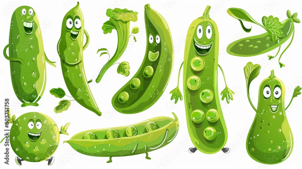 Set of cartoon pea vegetable illustration, isolated on white background ...