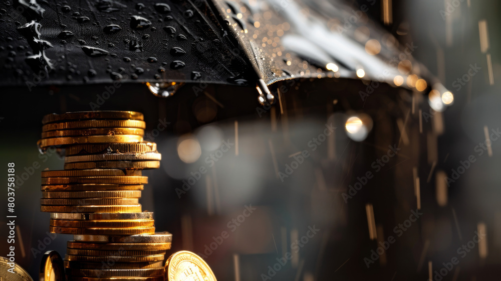 extreme close up of coins under an umbrella, raining on the streets of ...