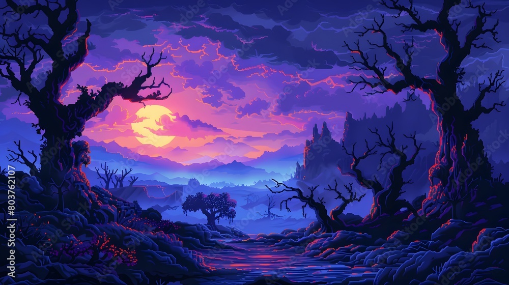 Haunting Digital Pixel Art Landscape of Cursed Lands with Eerie Mist ...