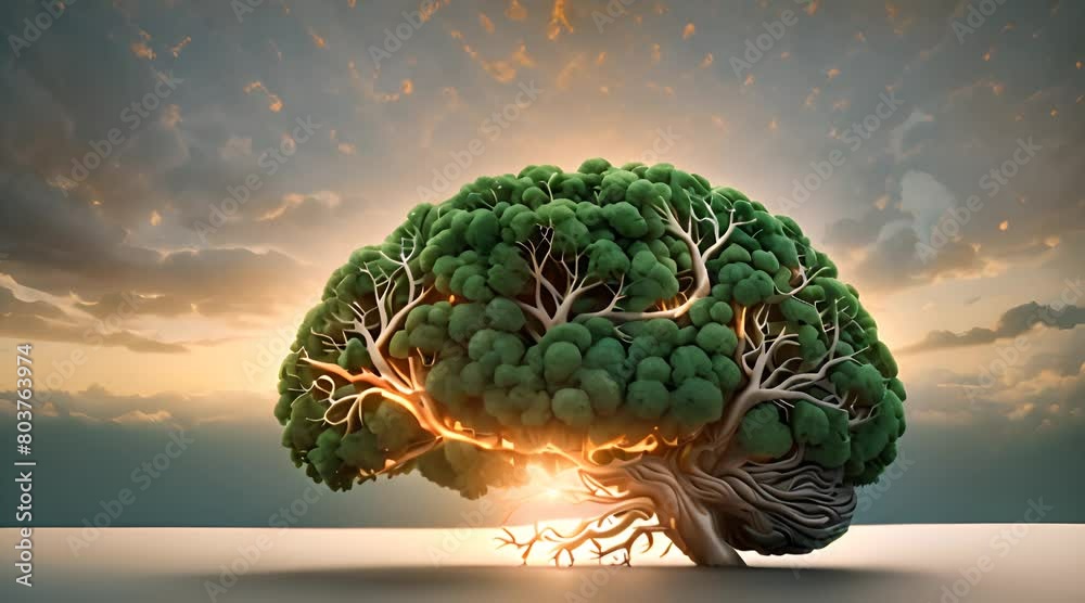 Abstract tree with roots resembling human brain, tall and lush with ...