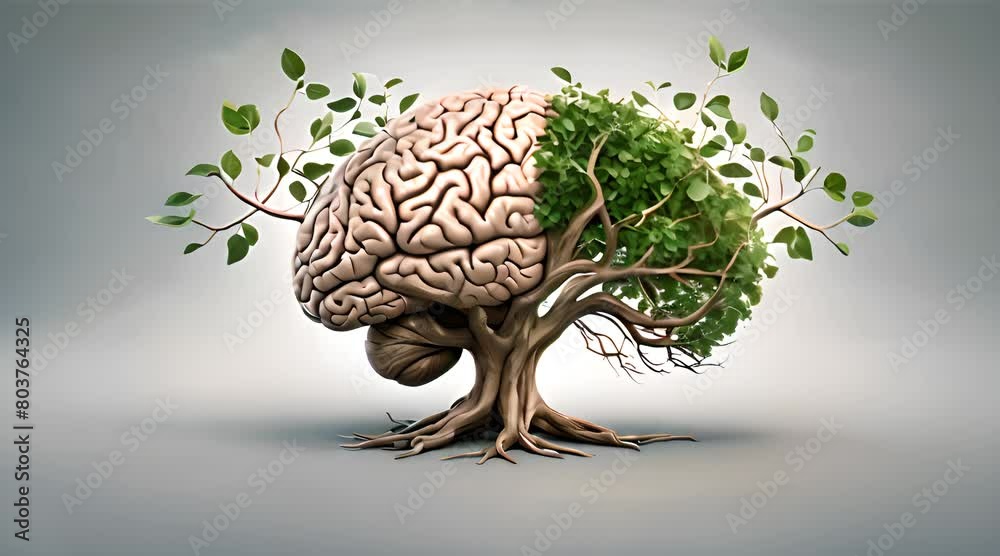 Abstract tree with roots resembling human brain, tall and lush with ...