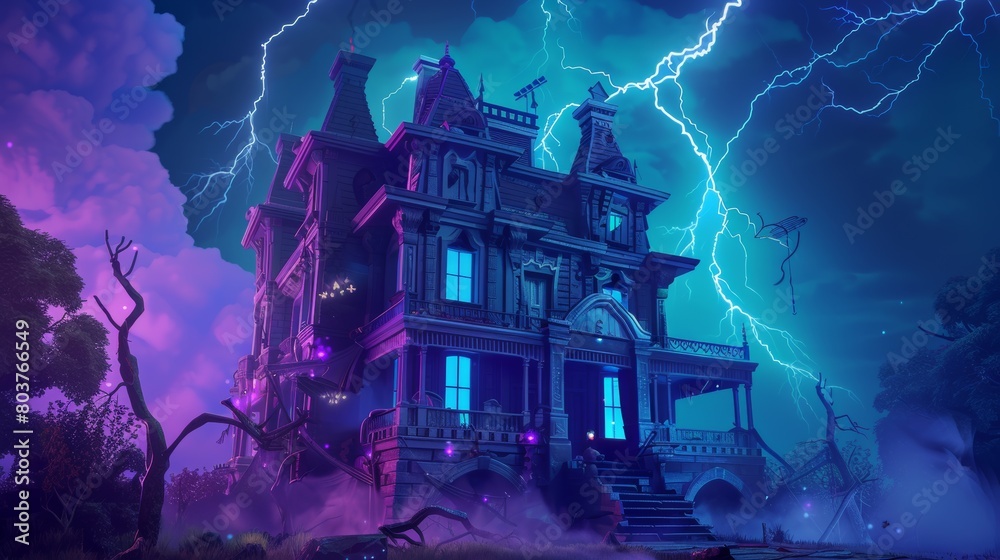 ภาพประกอบสต็อก Cartoonish spooky haunted house from the outside at ...