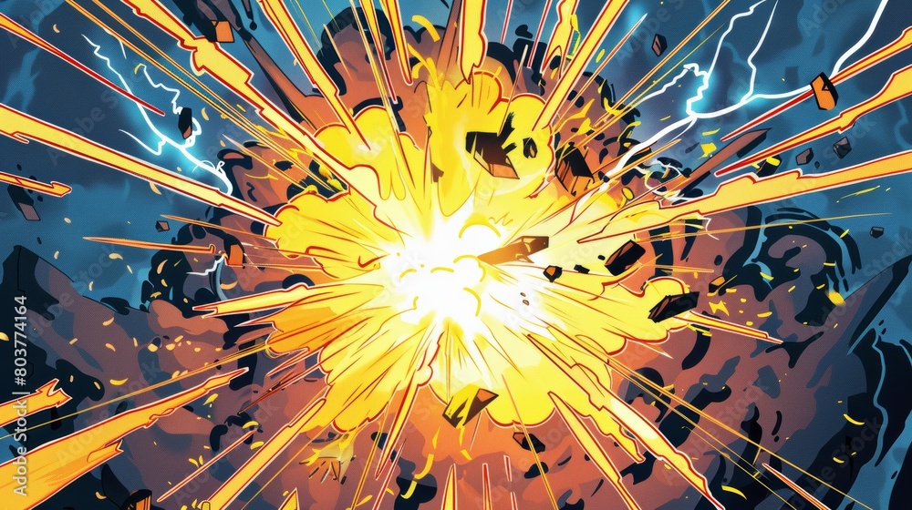 boom comic background with lightning and explosion cartoon effects ...